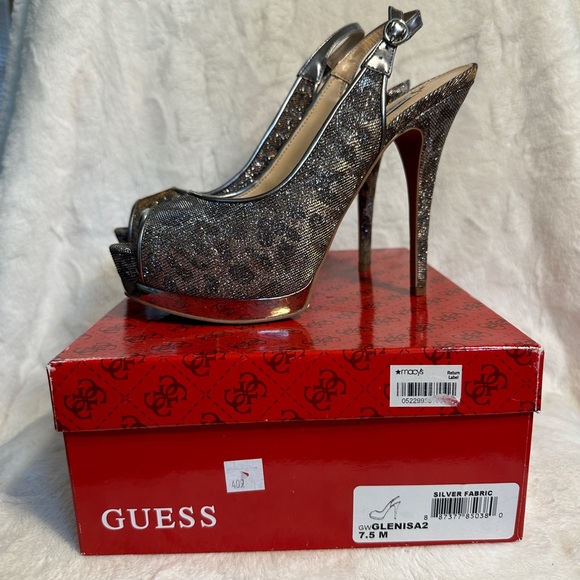 Guess | Shoes | Guess Glenisa 2 Platform Peep Toe Heels In Silver ...